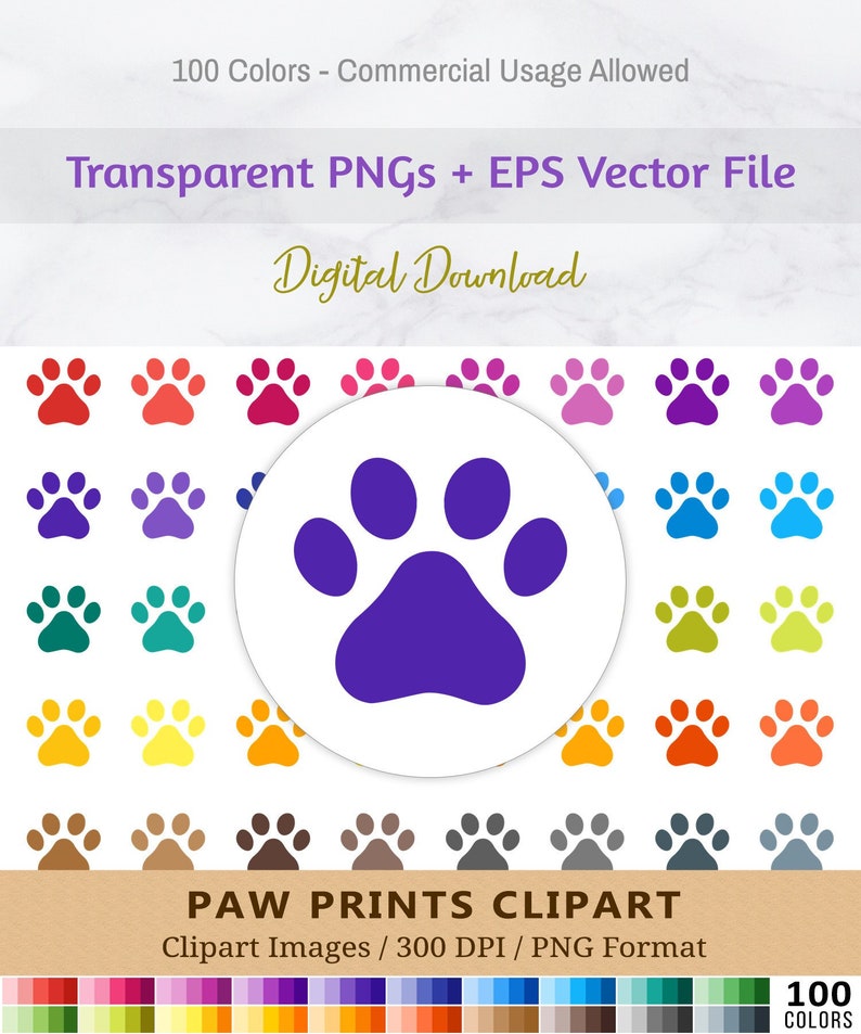 100 Paw Prints Clipart, Dog Cat Paw Clip Art, Rainbow Colors, Vector ...