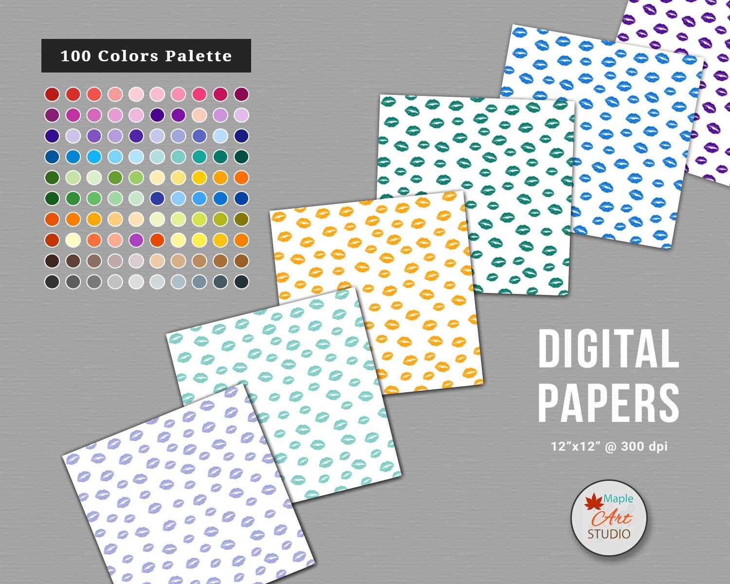 Lips Digital Paper, 100 Rainbow Colors, Love Kiss Scrapbook Papers ...