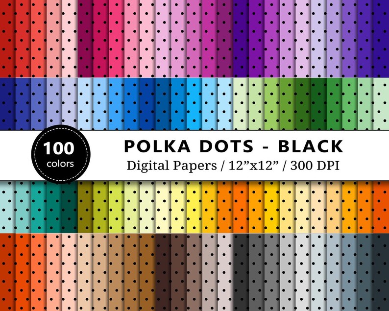 Black Polka Dots Digital Paper, 100 Rainbow Colors, Scrapbook Papers ...