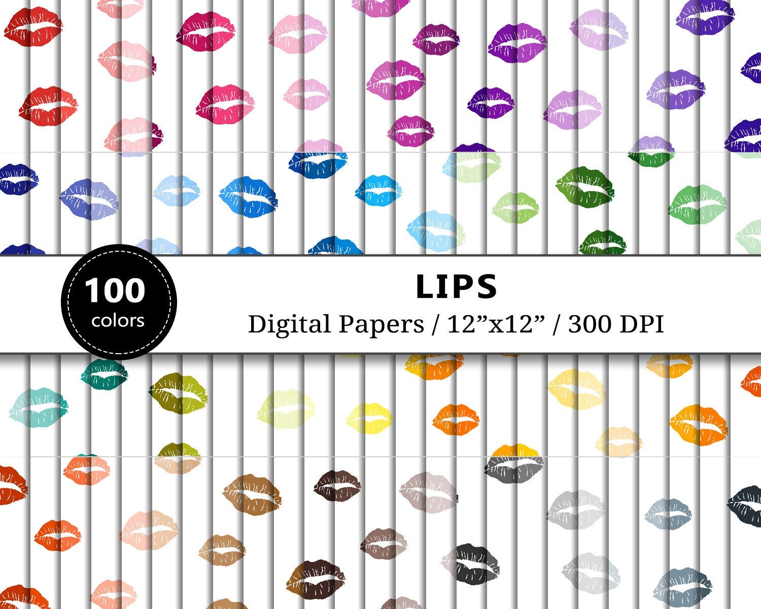 Lips Digital Paper, 100 Rainbow Colors, Love Kiss Scrapbook Papers ...