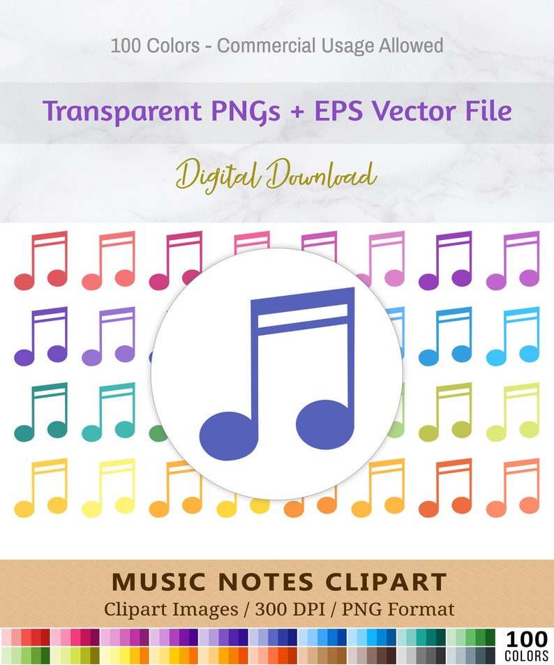 100 Music Note Clipart, Musical Notes Clip Art, Rainbow Colors, Vector ...