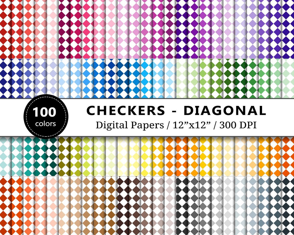 Diagonal Checkers Digital Papers, Checkerboard Pattern Paper, 100 ...