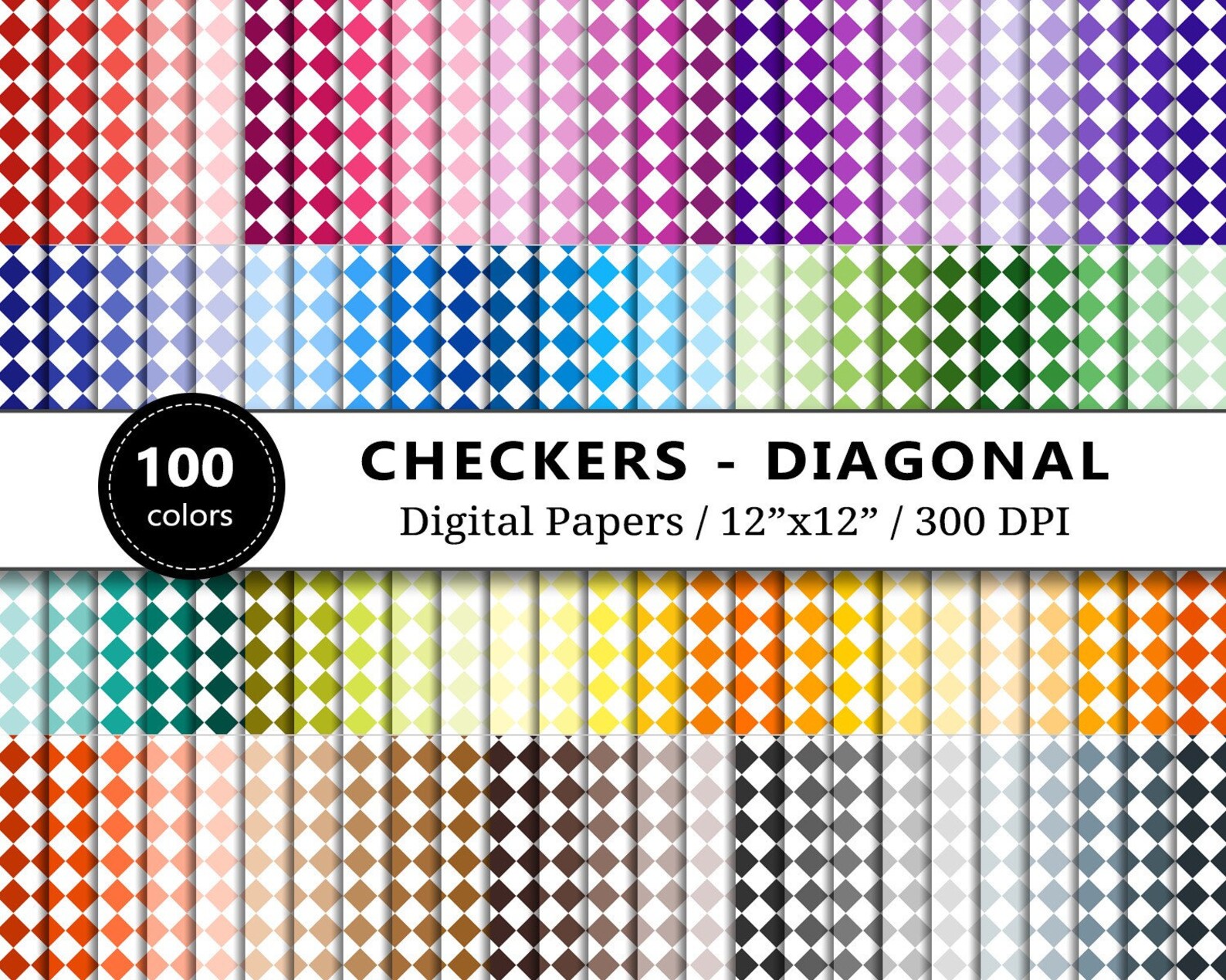 Diagonal Checkers Digital Papers, Checkerboard Pattern Paper, 100 ...