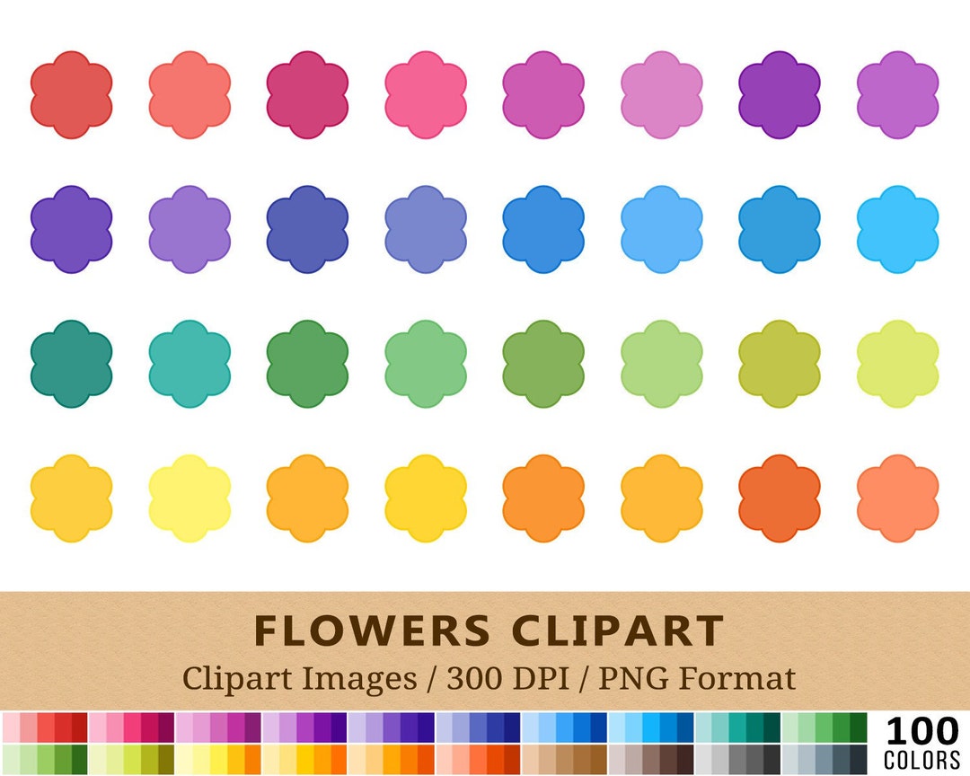 100 Flower Clipart, Round Corner Floral Clip Art, Rainbow Colors ...