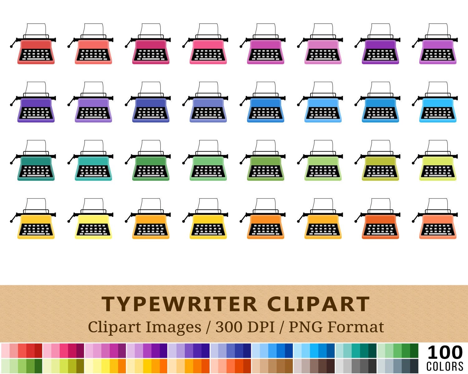 100 Typewriter Clipart, Typing Clip Art, Rainbow Colors, Functional ...