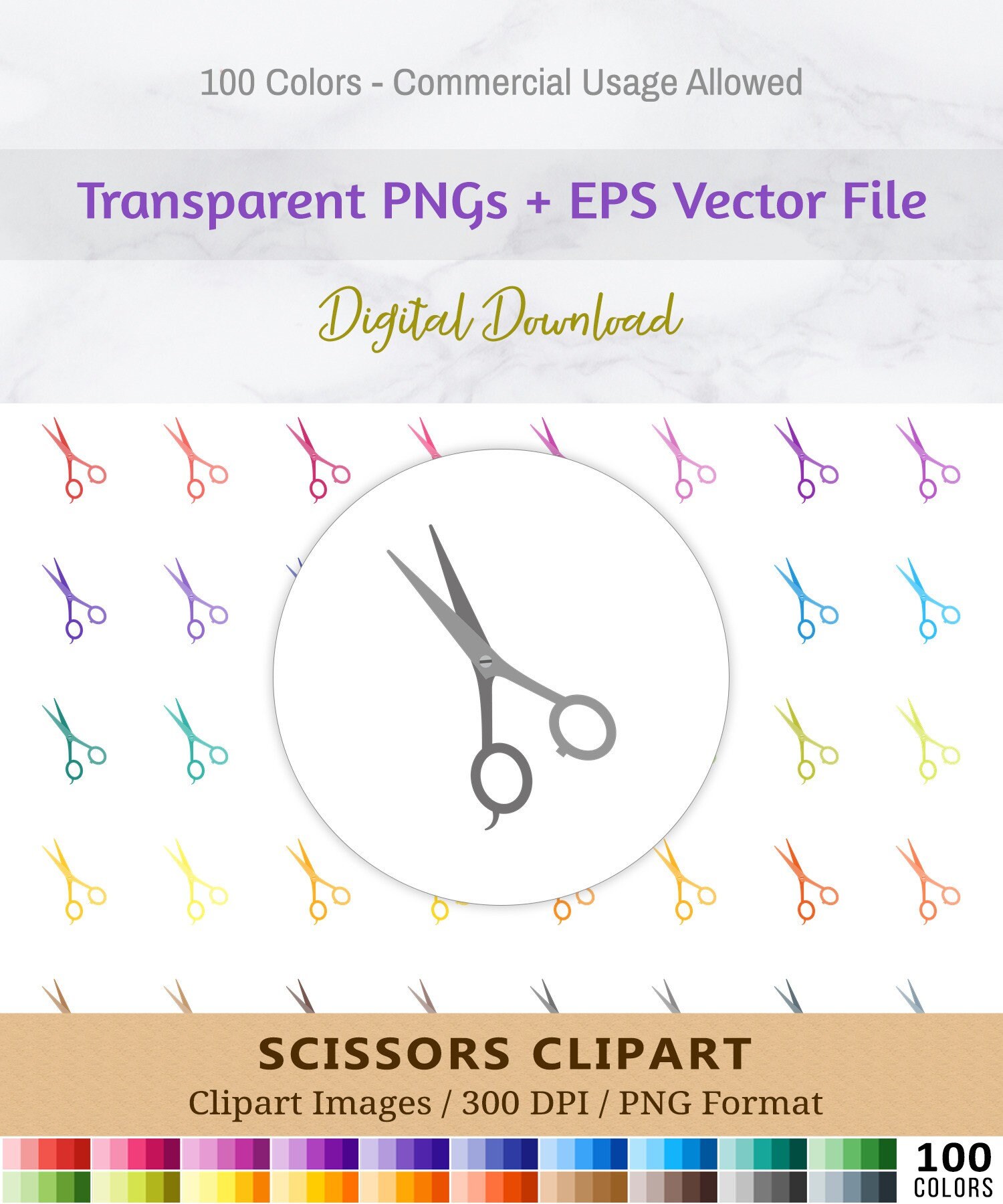 100 Scissors Clipart, Sewing Cutting Crafting Clip Art, Rainbow Colors ...