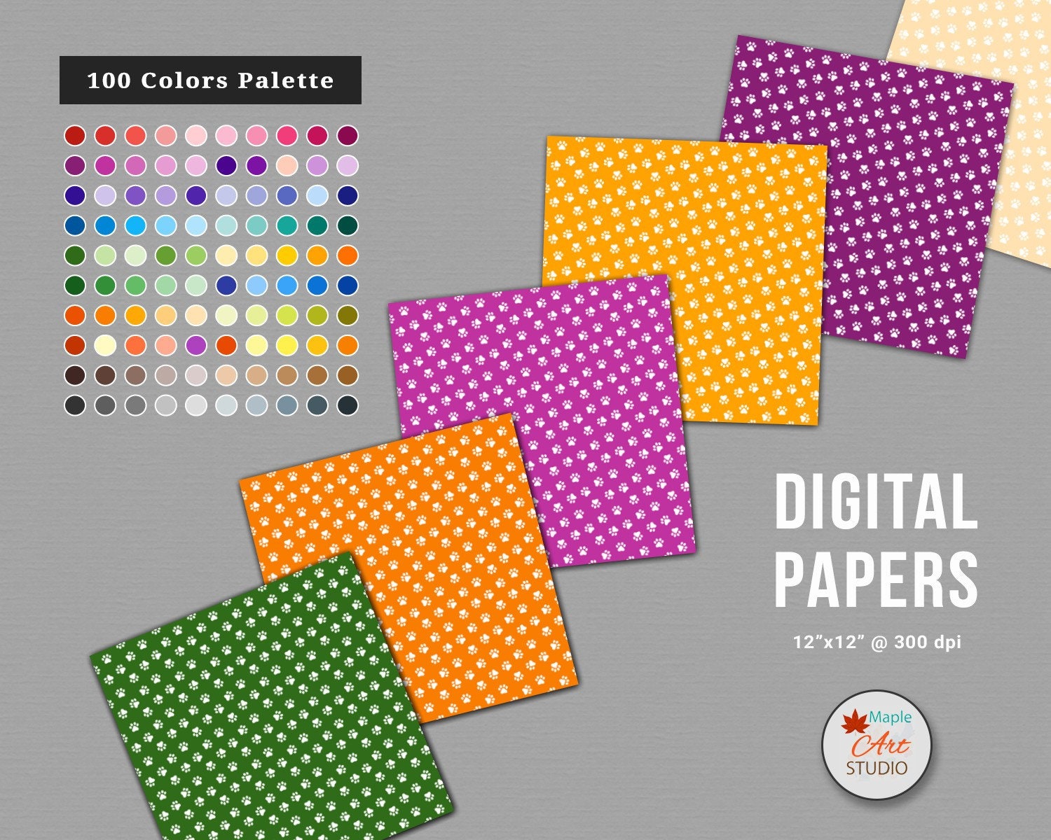 Paw Print Digital Paper, 100 Rainbow Paws, Animal Prints Scrapbook ...