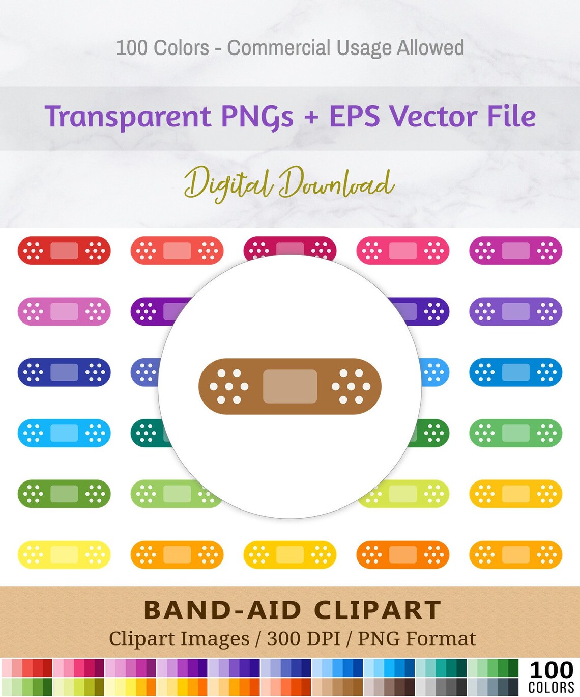 100 Band Aid Clipart, Adhesive Bandage Clip Art, Rainbow Colors, First ...