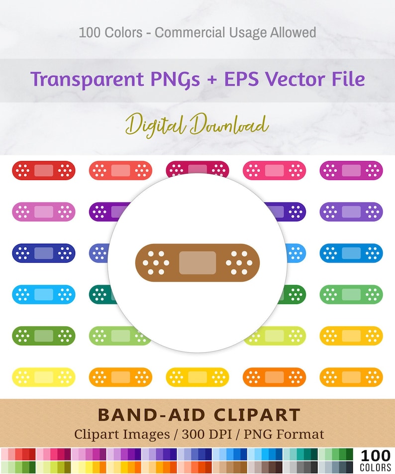 100 Band Aid Clipart, Adhesive Bandage Clip Art, Rainbow Colors, First ...