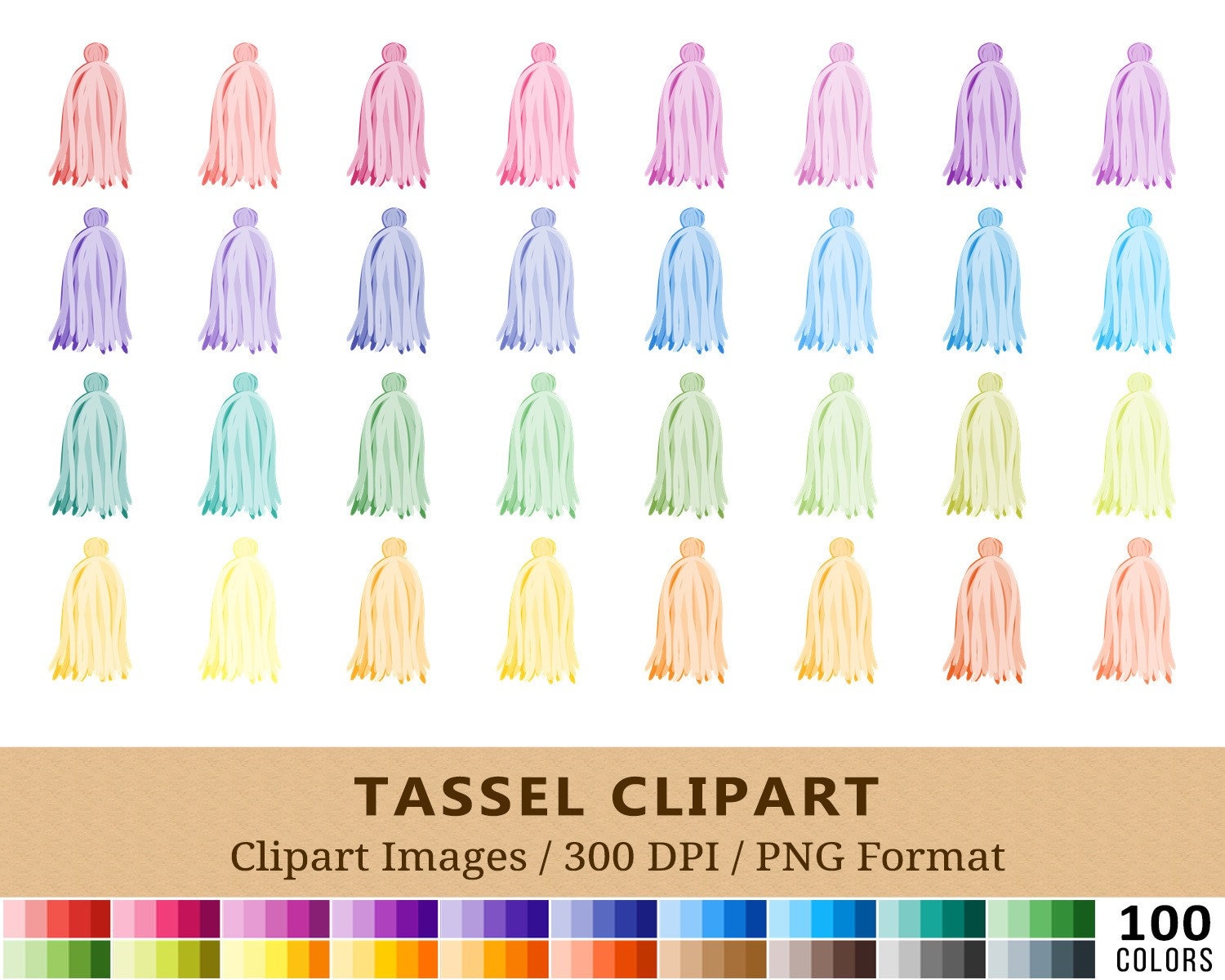 100 Tassel Clipart, Garland Clip Art, Rainbow Colors Planner Stickers ...