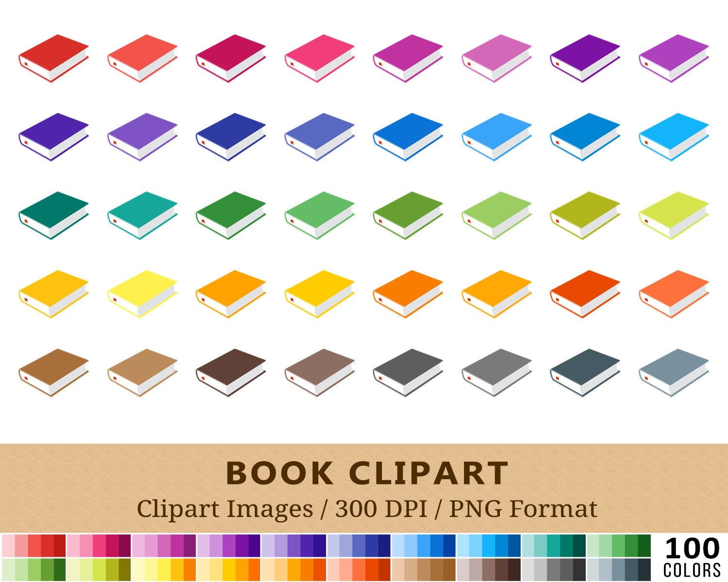 100 Book Clipart, School Clip Art, Rainbow Colors Planner Stickers ...