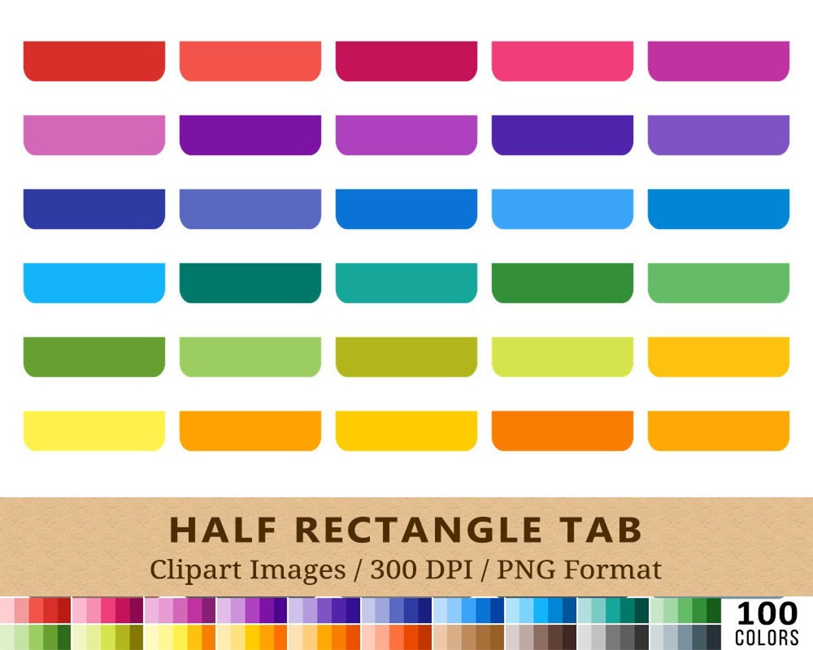 100 Half Rectangle Tabs Clipart, Round Corners Clip Art, Rainbow Colors ...