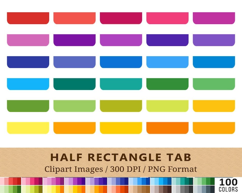 100 Half Rectangle Tabs Clipart, Round Corners Clip Art, Rainbow Colors ...
