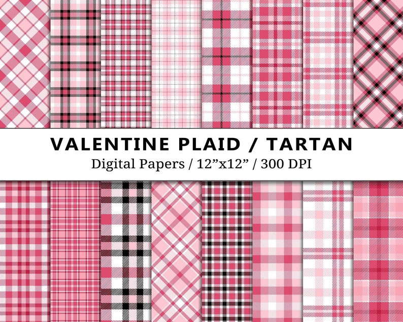 Be My Valentine, Plaid Tartan Digital Papers Pack, Pink and White ...