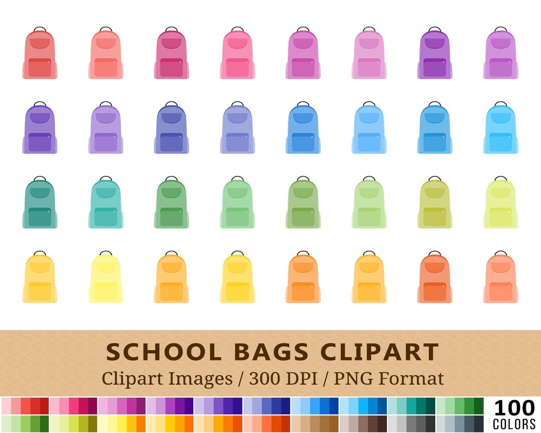 100 School Bag Clipart, Backpack Clip Art, Rainbow Colors Planner ...