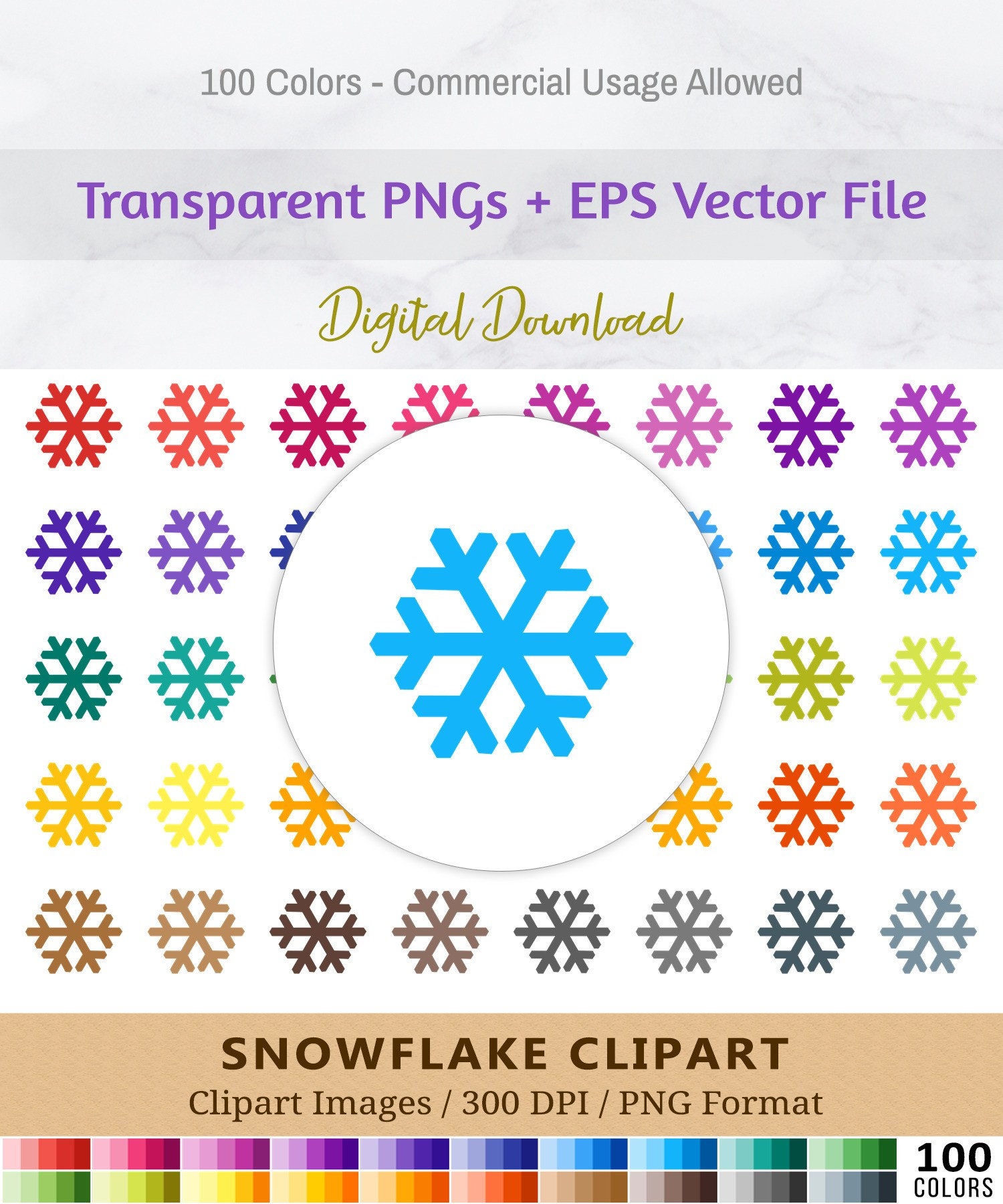 100 Snowflake Clipart, Winter Clip Art, Christmas Rainbow Colors ...