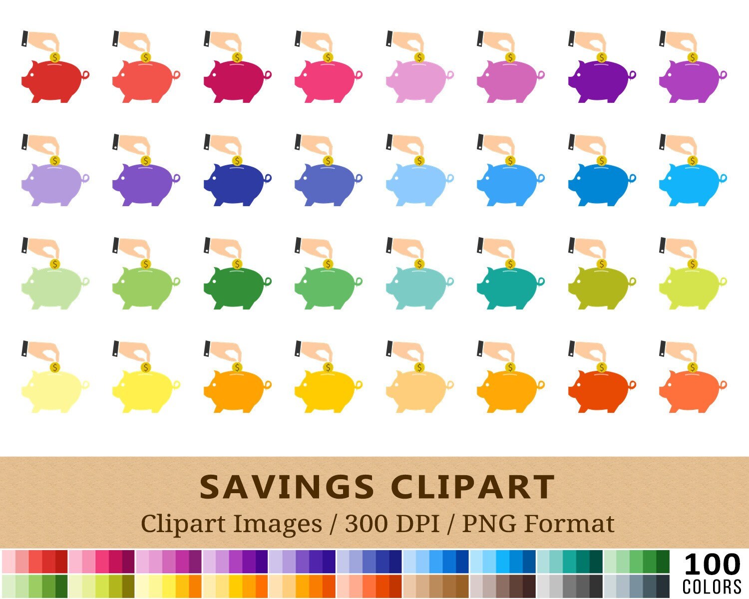 100 Piggy Bank Clipart, Savings Finances Clip Art, Payday, Rainbow ...