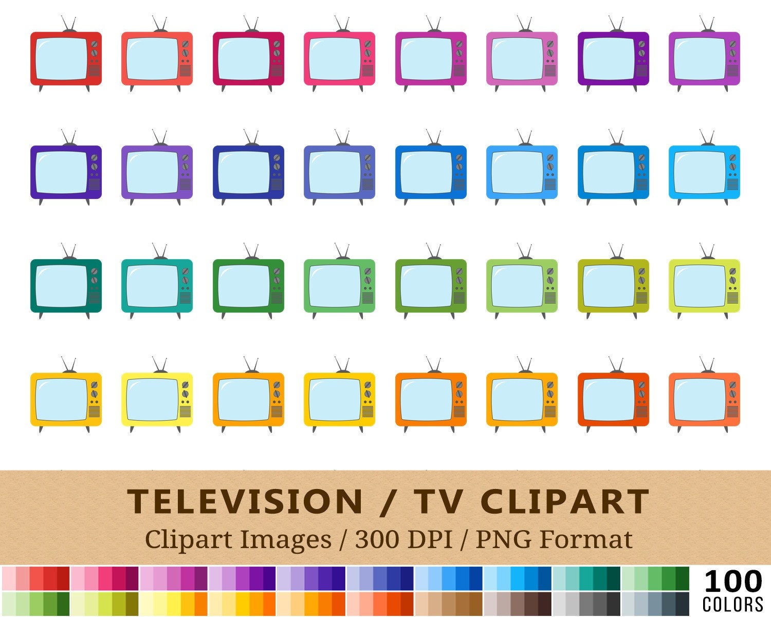 100 Vintage Television Clipart, Retro TV Clip Art, Rainbow Movie ...