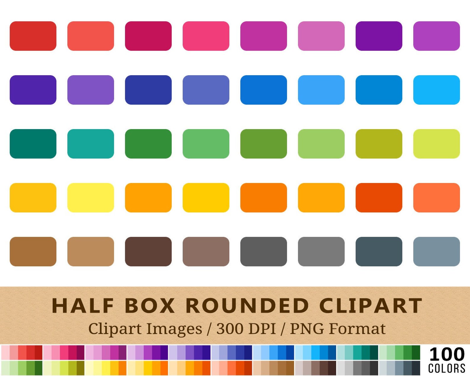 100 Solid Half Box Clipart, Planner Supplies, Rounded Half Boxes Clip ...