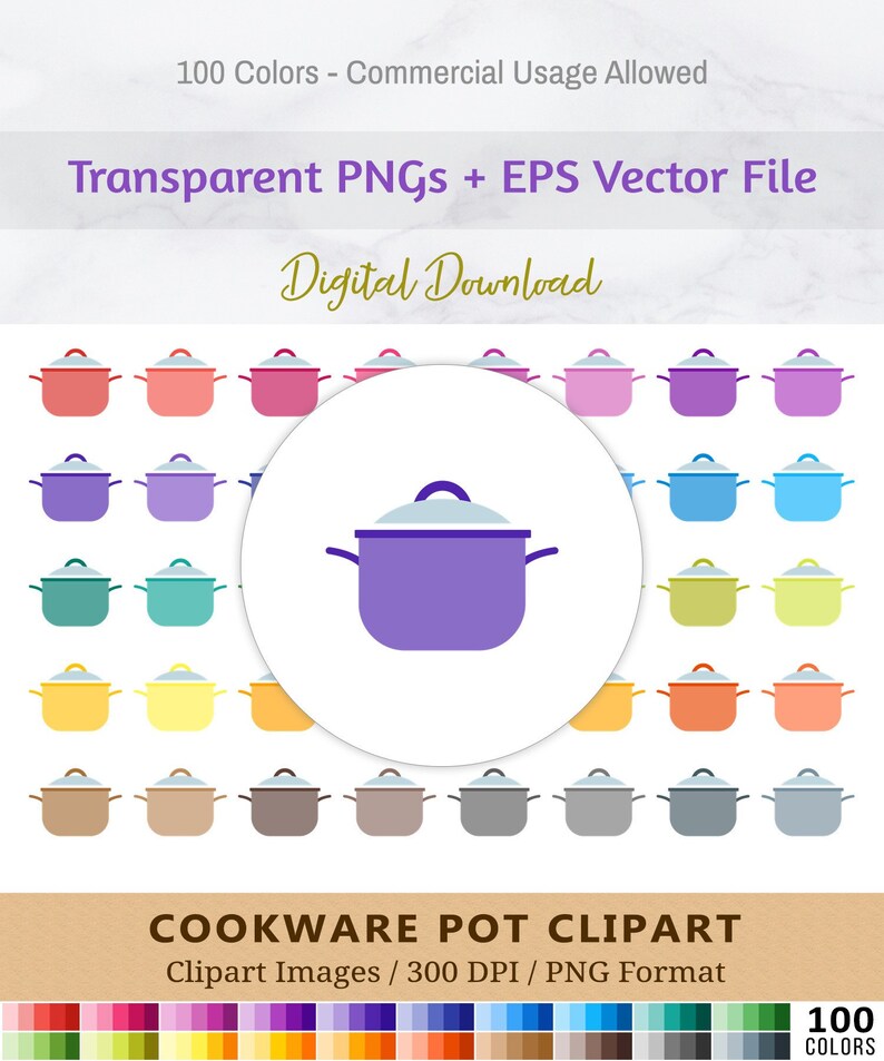 100 Cookware Pot Clipart, Kitchen Pan Clip Art, Rainbow Colors, Cooking ...