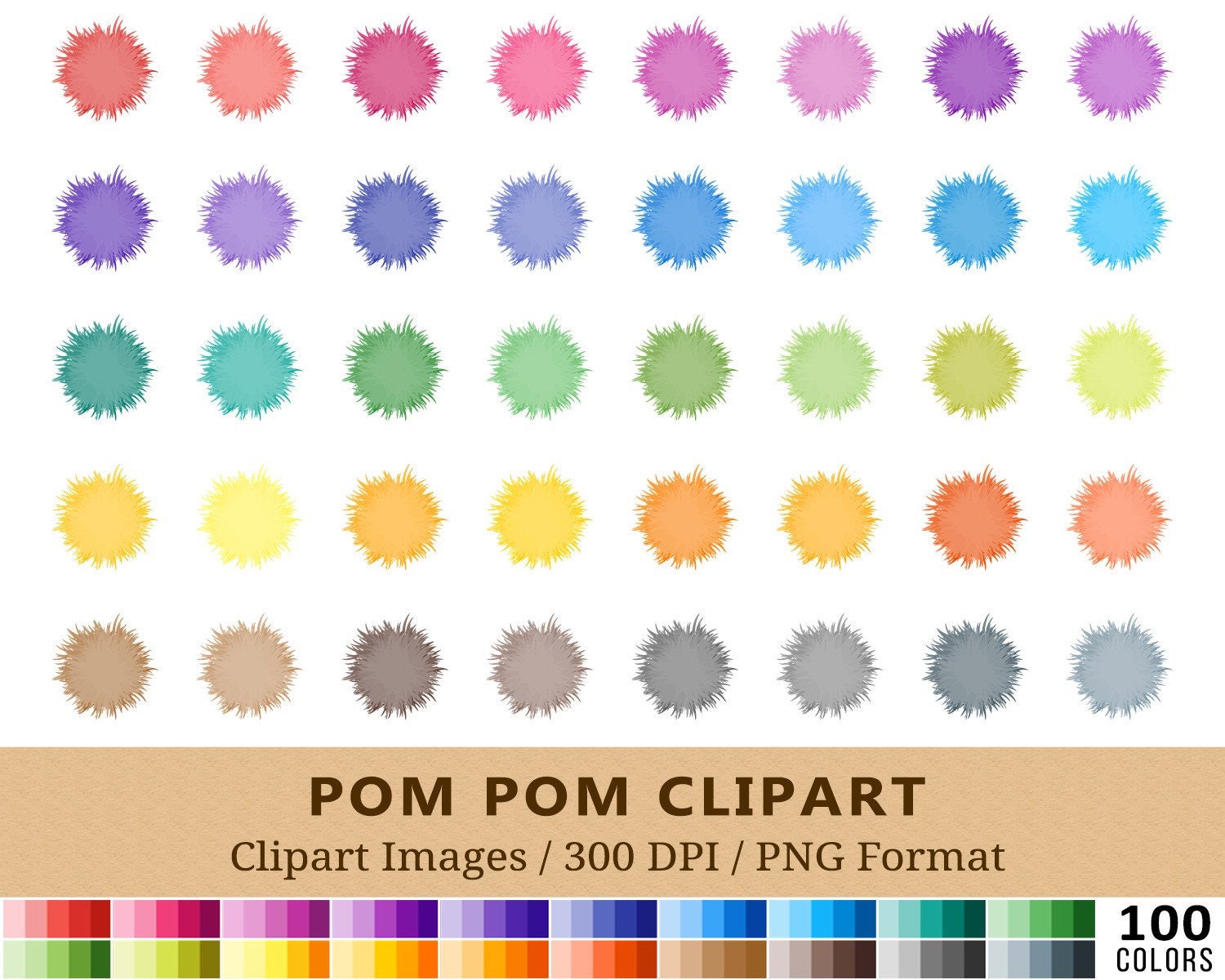 100 Pom Pom Clipart, Garland Clip Art, Rainbow Colors, Party Poms ...