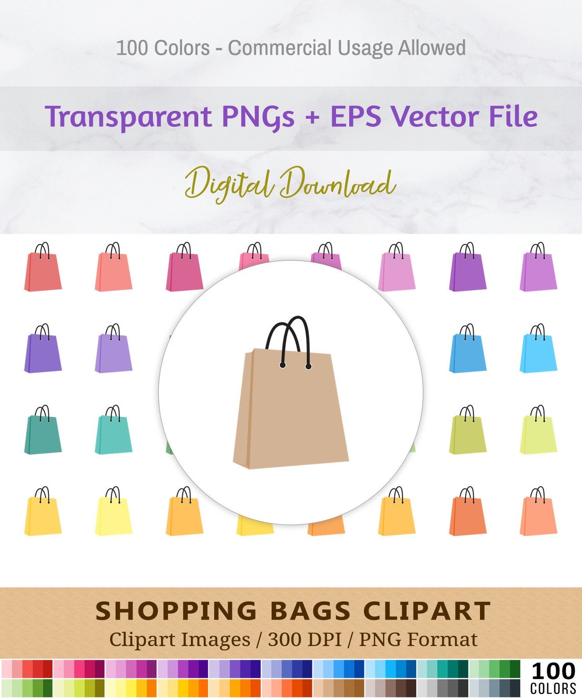 100 Shopping Bag Clipart, Gift Bag Clip Art, Rainbow Colors, Digital ...