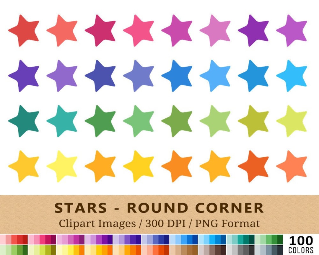 100 Round Corner Stars Clipart, Rainbow Colors, Vector EPS PNG Files ...