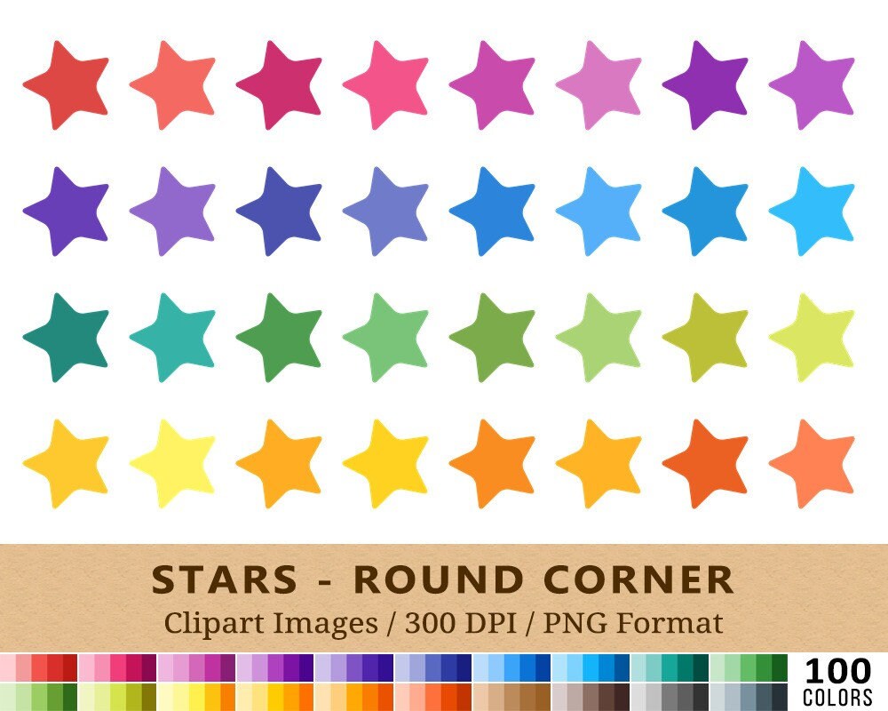 100 Round Corner Stars Clipart, Rainbow Colors, Vector EPS PNG Files ...