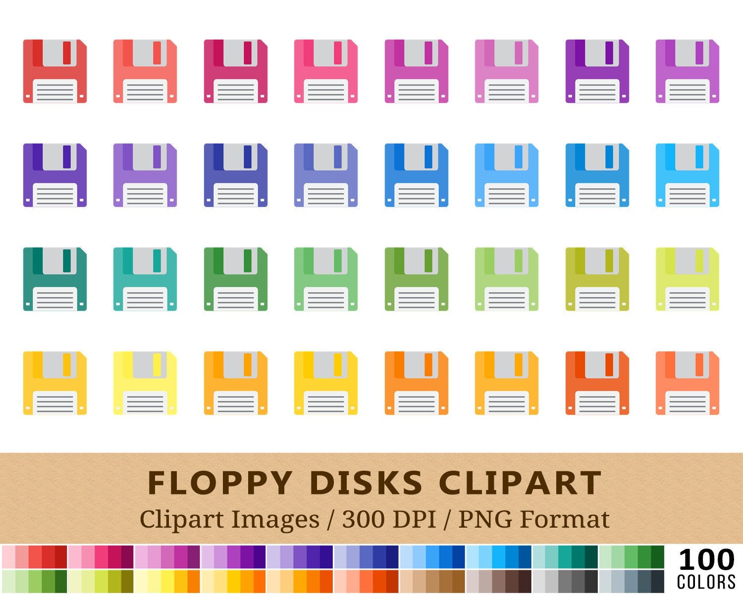 100 Floppy Disk Clipart, Computer Technology Clip Art, Rainbow Colors ...