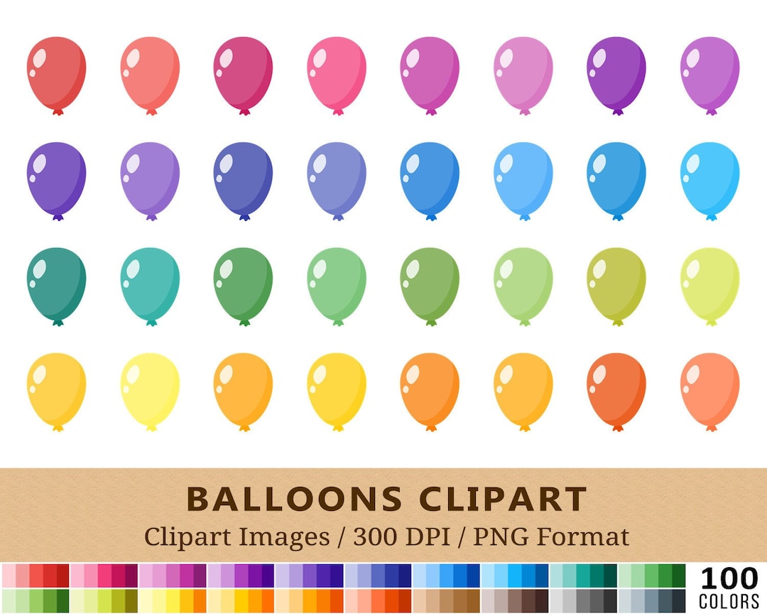 100 Balloon Clipart, Birthday Party Clip Art Set, Rainbow Colors ...