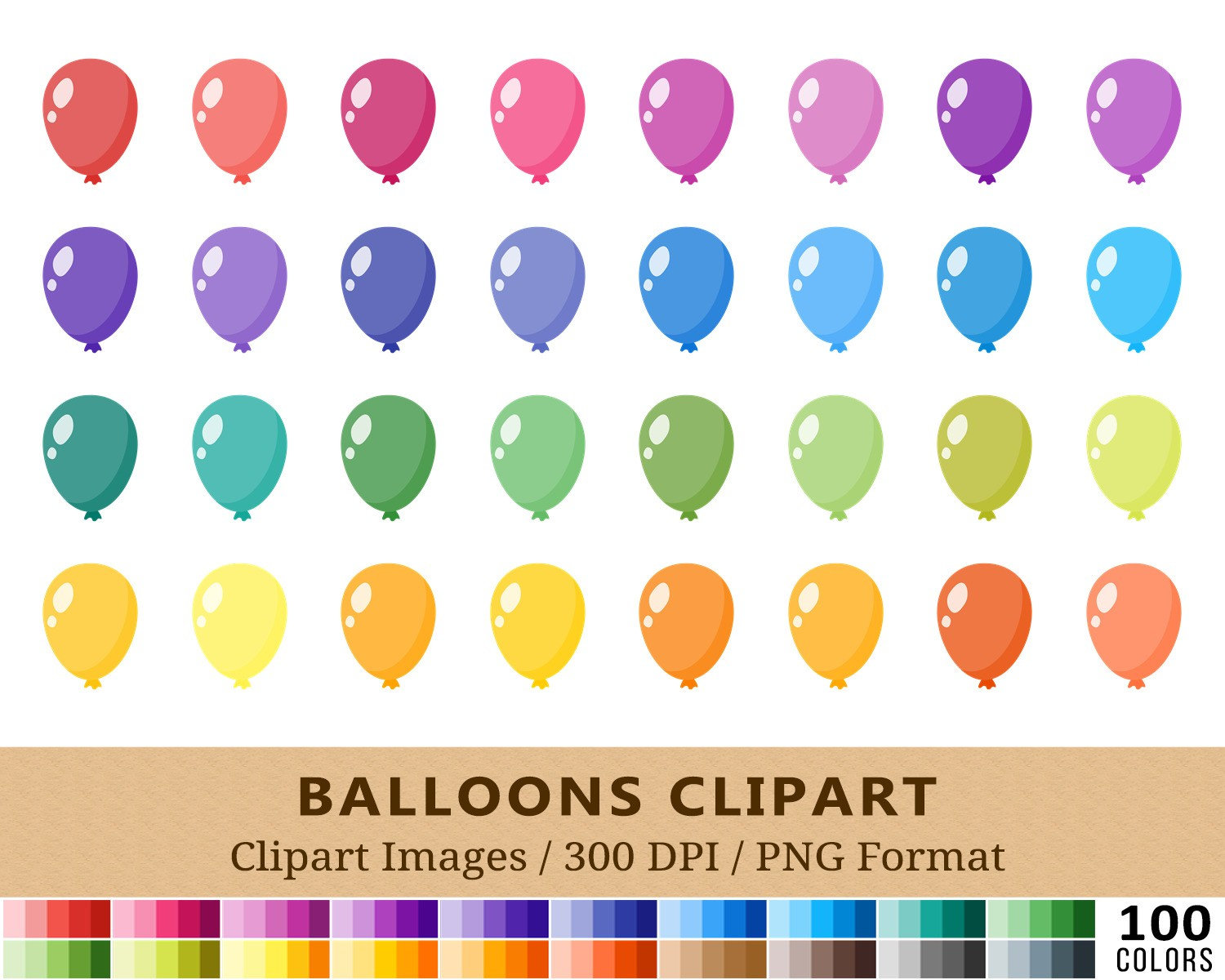100 Balloon Clipart, Birthday Party Clip Art Set, Rainbow Colors ...