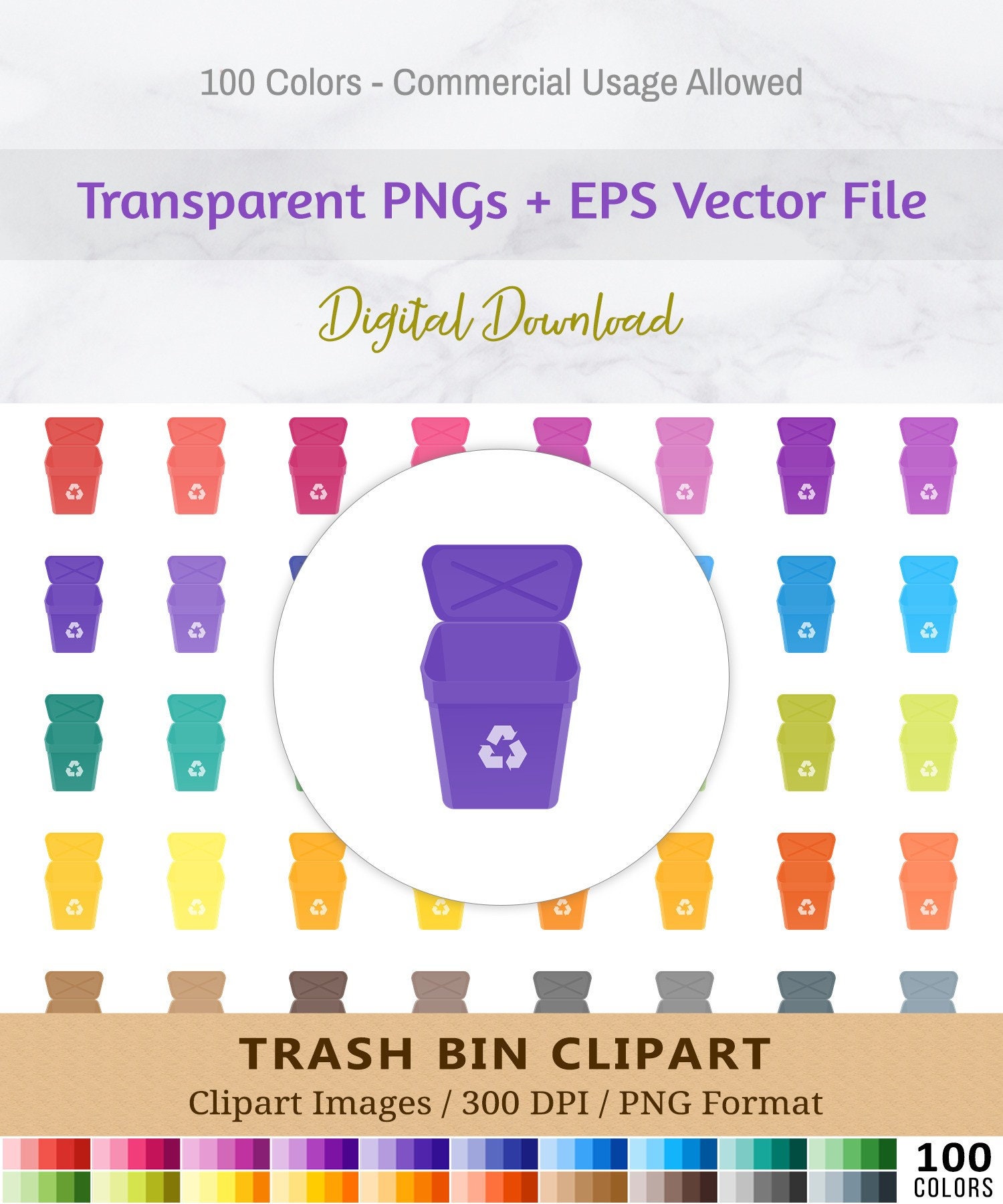100 Recycle Bin Clipart, Trash Bin Clip Art, Rainbow Colors, Garbage ...