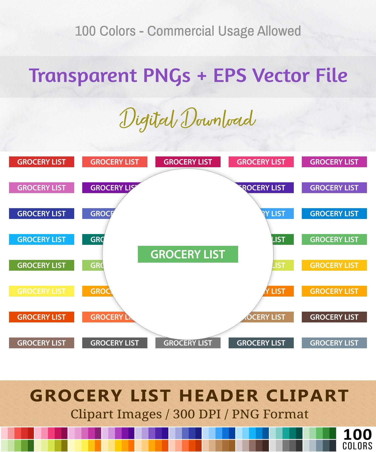 100 Grocery List Header Clipart, Planner Box Header Clip Art, Rainbow ...