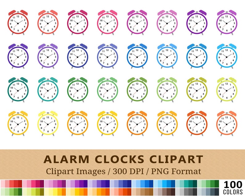 100 Alarm Clock Clipart, Wake up Timer Clip Art, Rainbow Colors ...