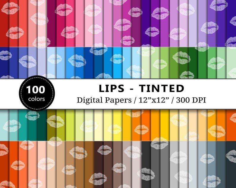 Tinted Lips Digital Paper, 100 Rainbow Colors, Kiss Scrapbook Papers ...