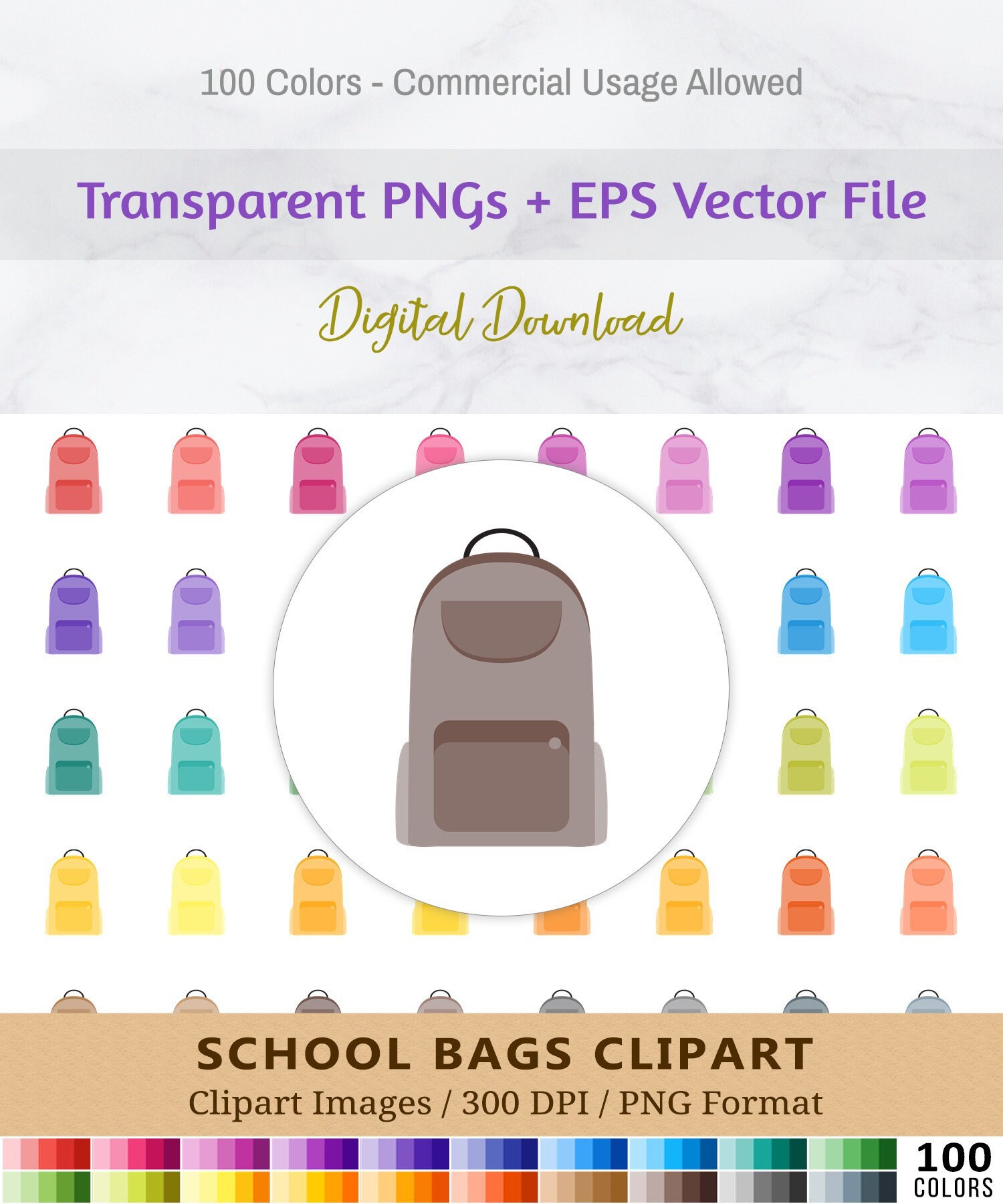 100 School Bag Clipart, Backpack Clip Art, Rainbow Colors Planner ...