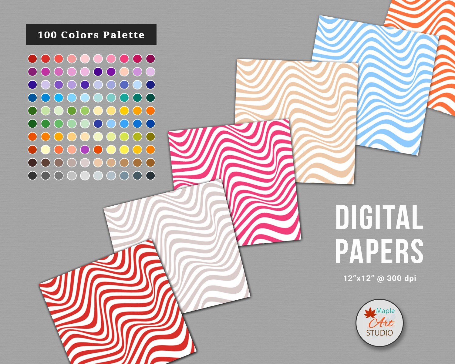 Wavy Lines Digital Paper, 100 Rainbow Colors, Wavy Backgrounds ...