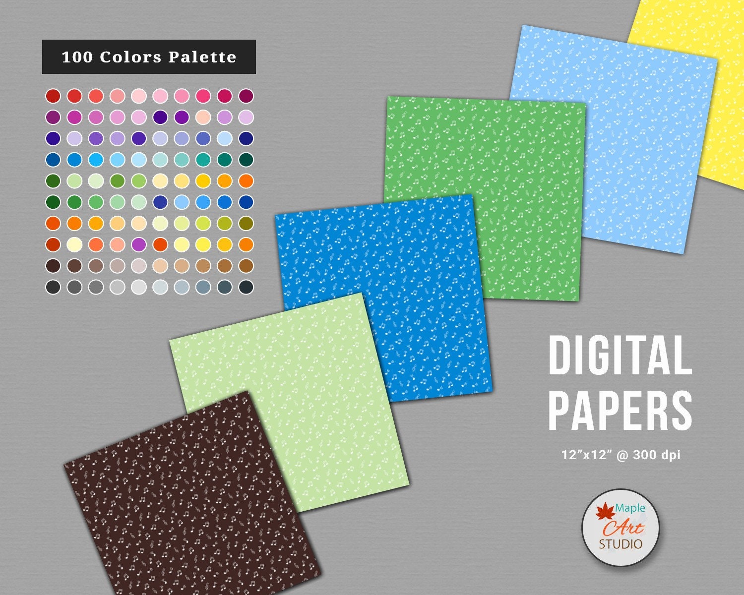 Music Notes Digital Paper, 100 Rainbow Colors, Musical Backgrounds ...