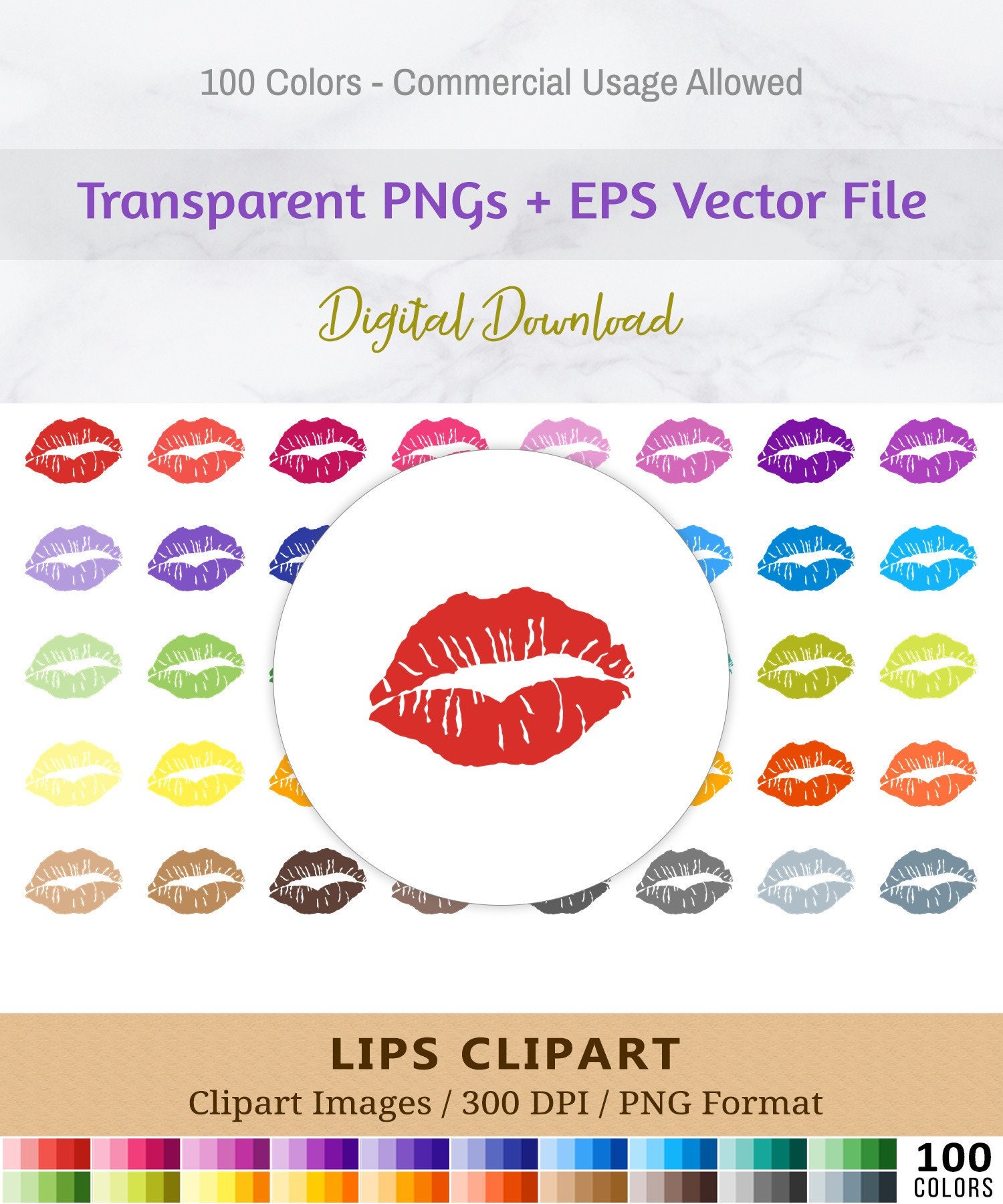 100 Lips Clipart, Kissing Mouth Clip Art, Rainbow Colors, Kiss Planner ...