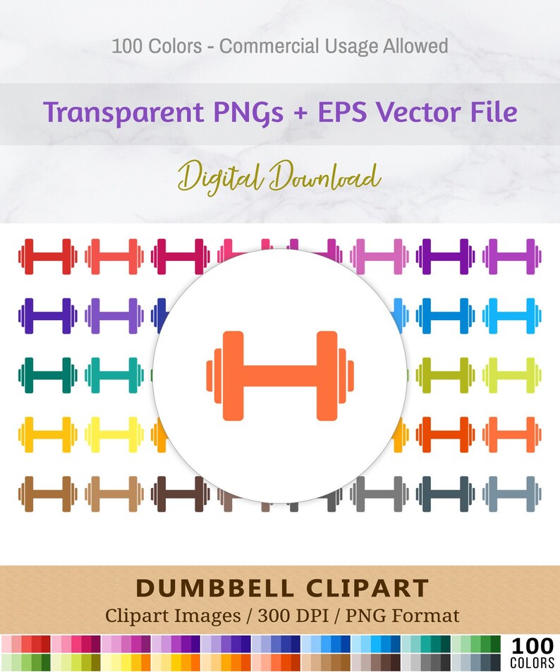 100 Dumbbell Clipart, Fitness Clip Art, Rainbow Colors, Workout ...