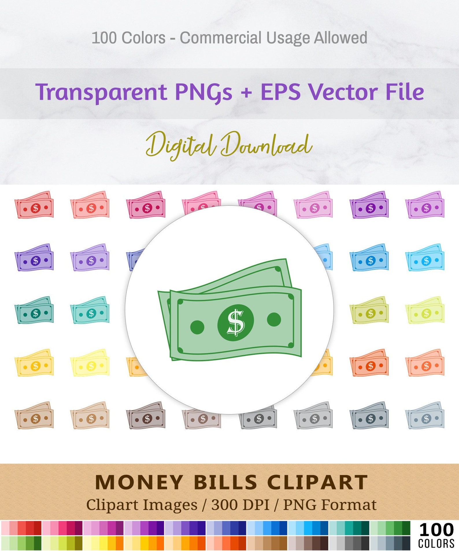100 Dollar Bills Clipart, Money Bills Clip Art, Rainbow Colors, Digital ...