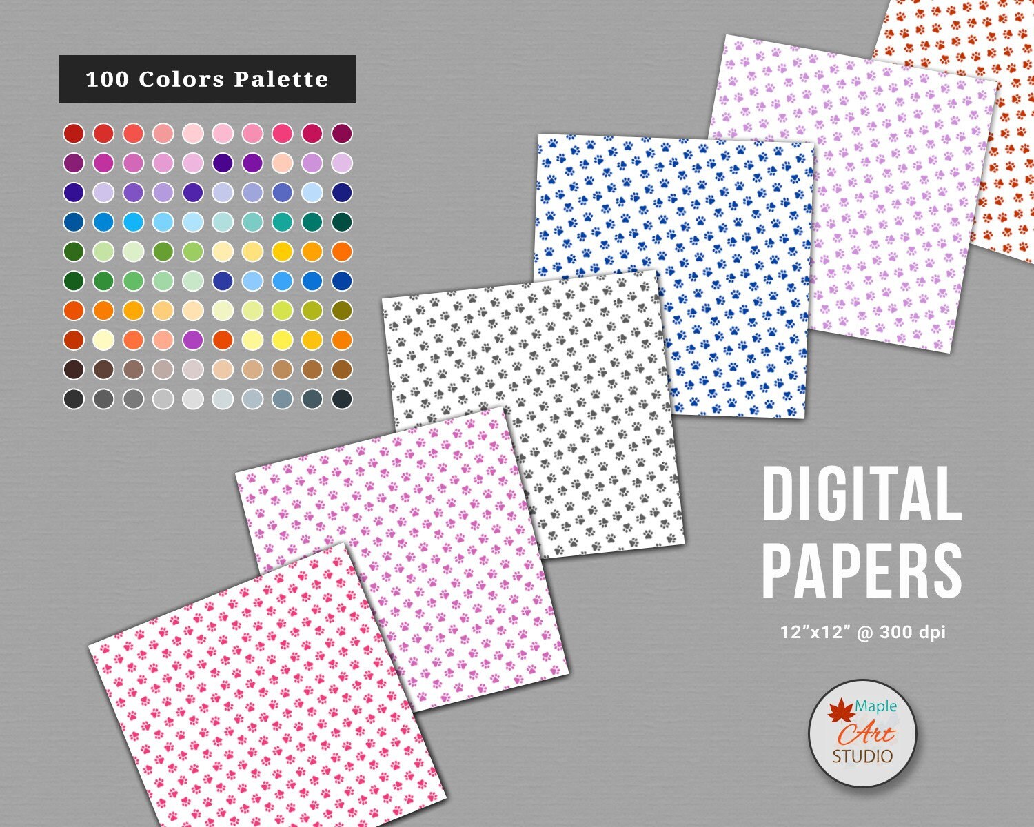 Paw Print Digital Paper, 100 Rainbow Paws, Animal Prints Scrapbook ...