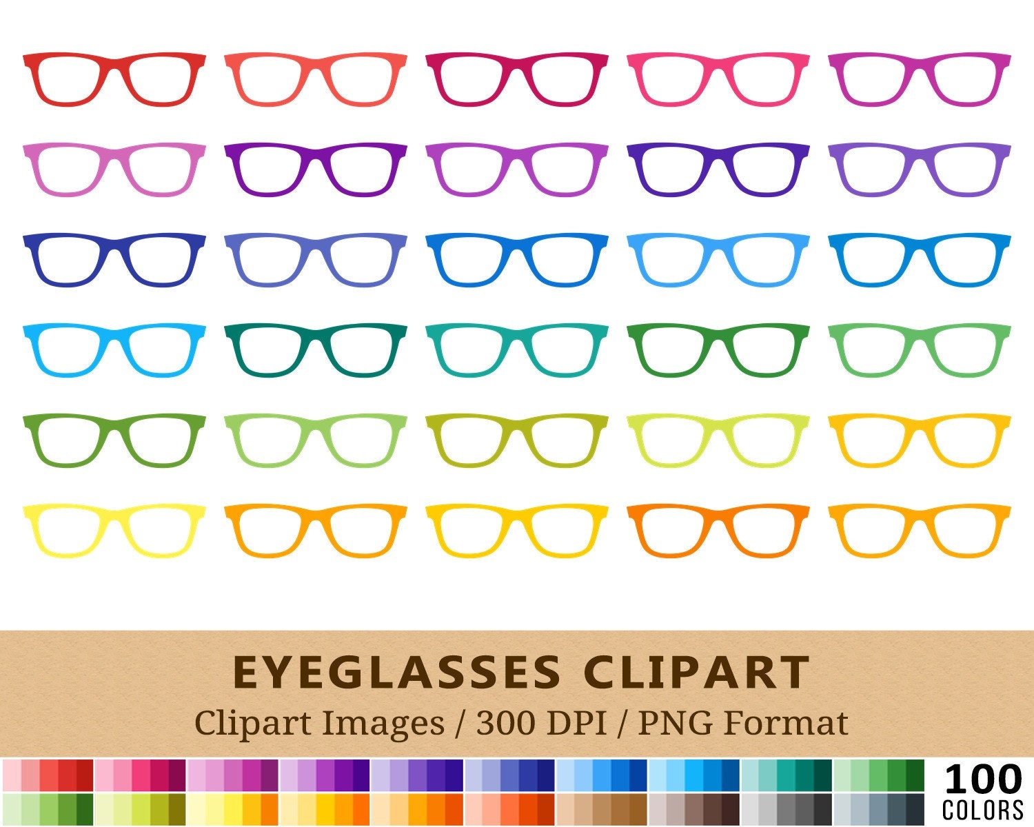 100 Eyeglasses Clipart, Reading Glasses Frame Clip Art, Rainbow Colors ...