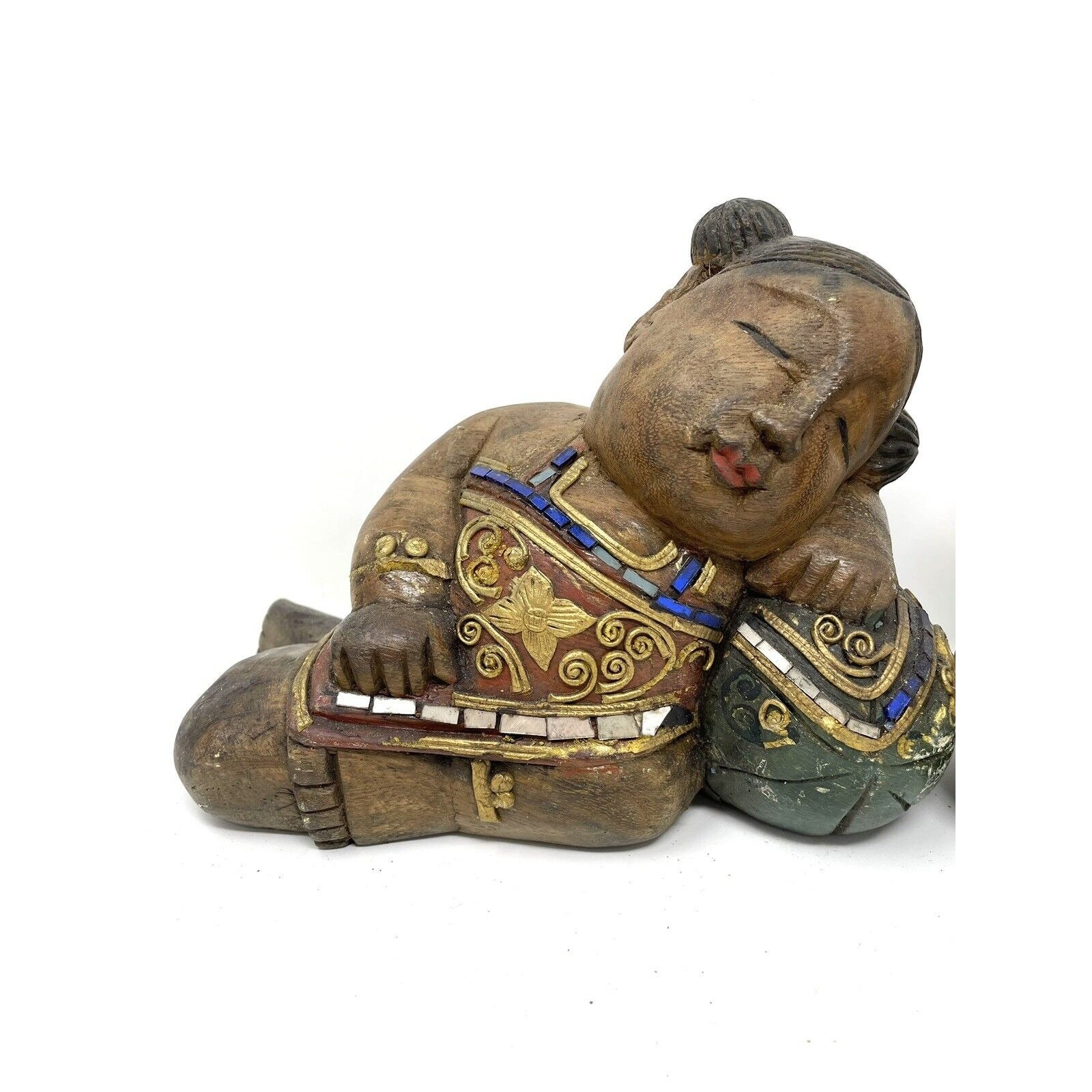 Vintage Chinese Good Luck Figurines Wood Hand Carved Sleeping Boy and ...