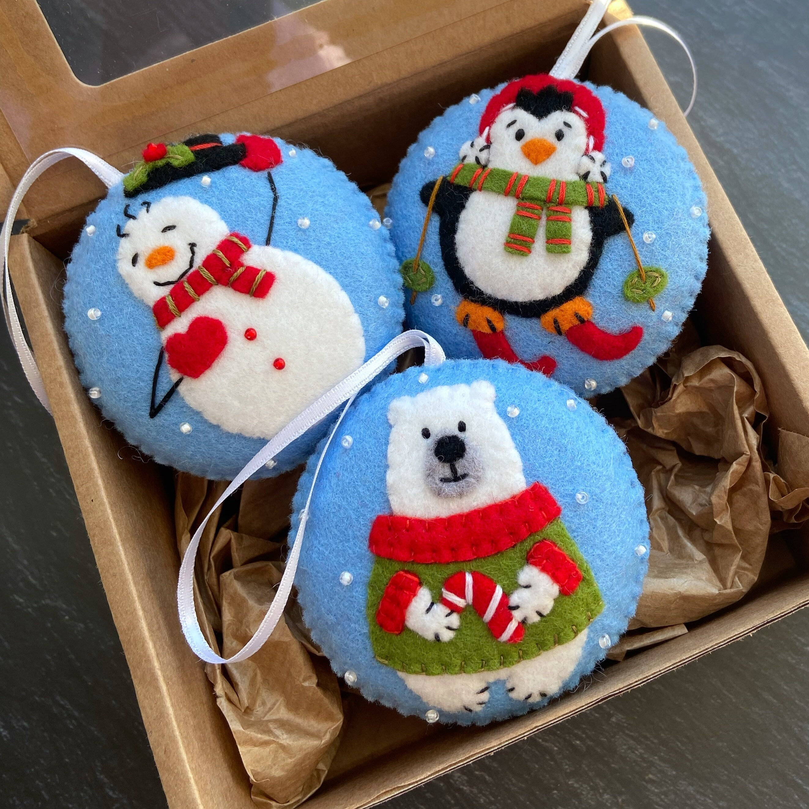 Handmade Felt Christmas Ornaments, Polar Bear, Snowman, Penguin, Set of ...