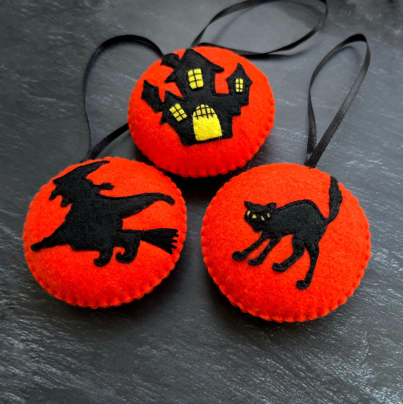 Felt Halloween Ornaments, Black Cat, Witch, Haunted House, Set of 3 - Etsy