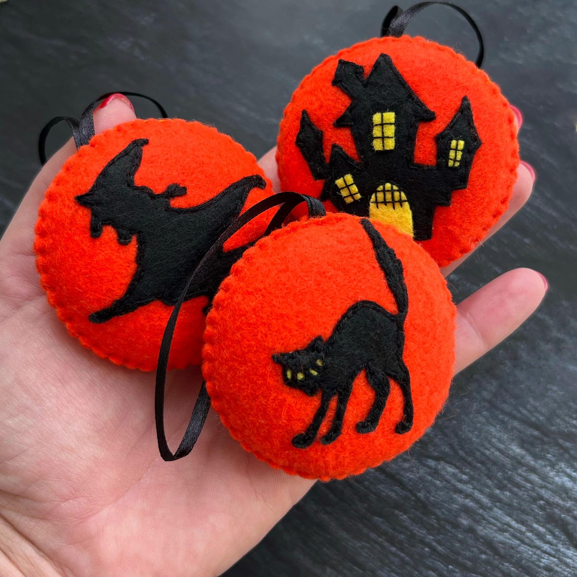 Felt Halloween Ornaments, Black Cat, Witch, Haunted House, Set of 3 - Etsy