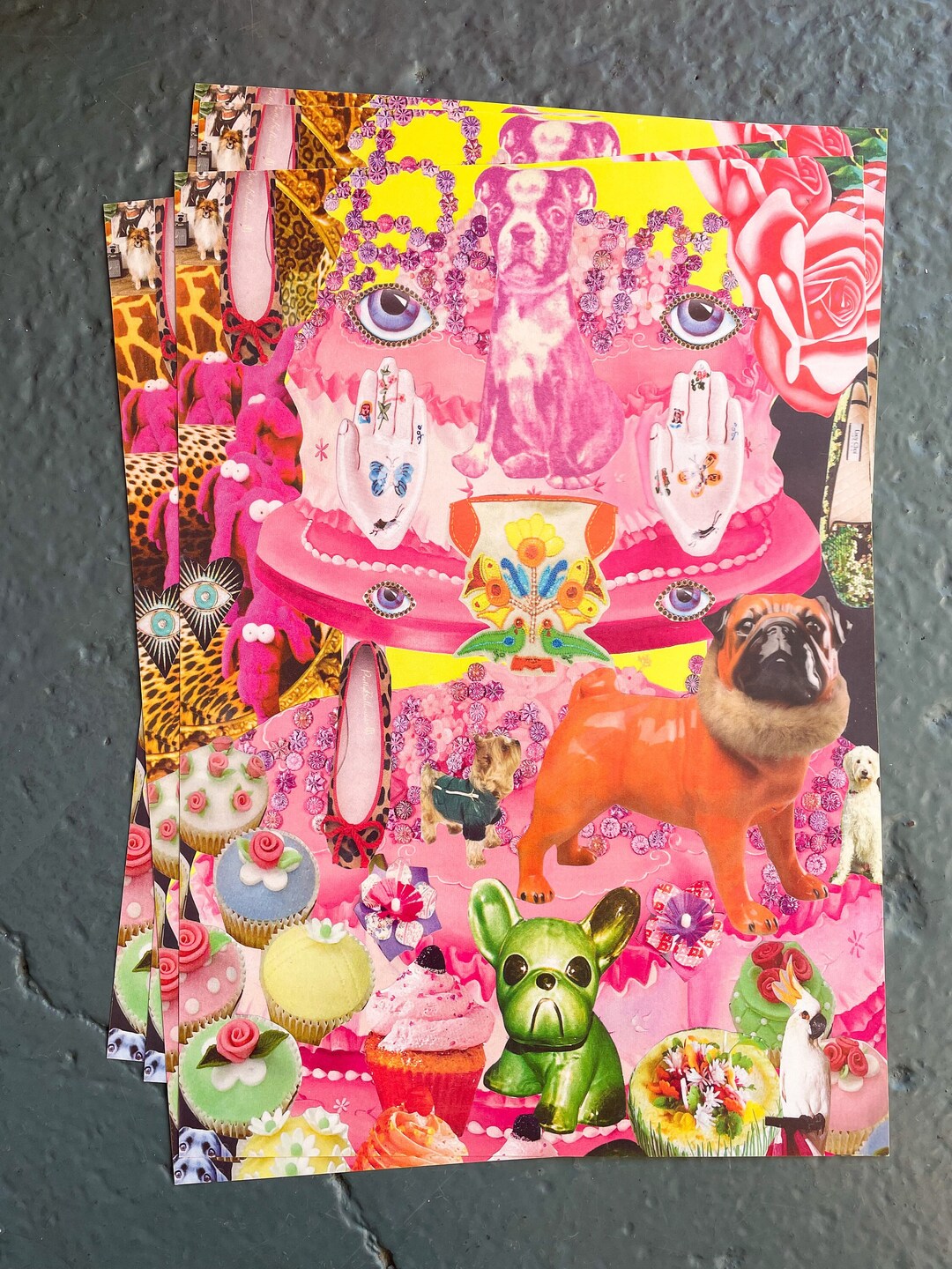 Eclectic Pink and Yellow Fashion, Food and Pugs Collage, Sue Rogers, A3 ...
