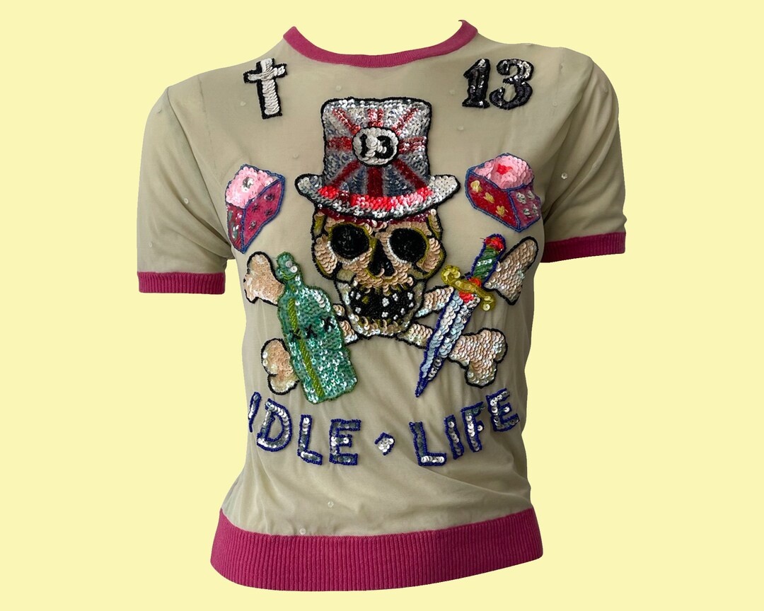 Y2K Fake London Genius Top, Short Sleeves, Sequinned, Sequins, Novelty ...