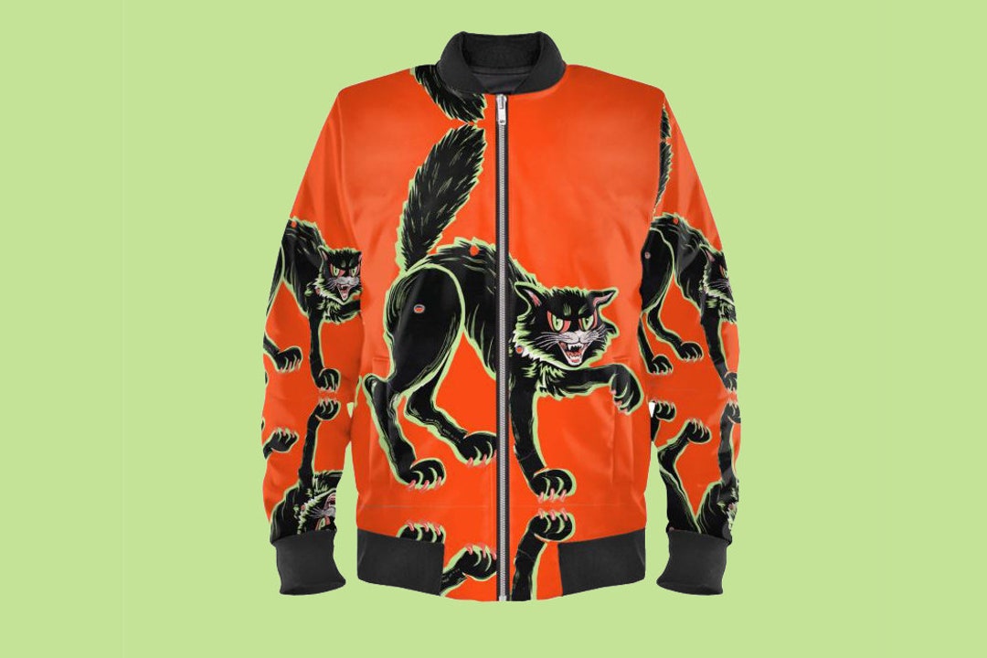 Black Cat Red Bomber Jacket, Vintage Halloween Print, Small to Plus ...